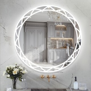 36-Inch Round LED Bathroom Mirror, Eco-Friendly Wall-Mounted Design with Touch Controls and ...