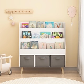 Kids Bookshelf with 3 Fabric Storage Bins - White Wooden Front-Facing ...