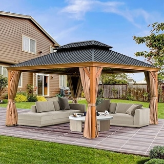 12x14ft Outdoor Aluminium Gazebo Double Roof with Curtains and Netting ...