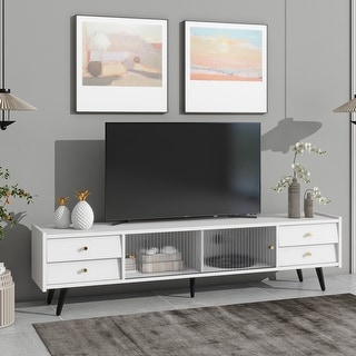 Modern TV Stand with Sliding Glass Doors and Slanted Drawers, Unique ...