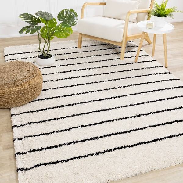 Soft Shag Cream Black Straight Lines Area Rug - Bed Bath & Beyond ...