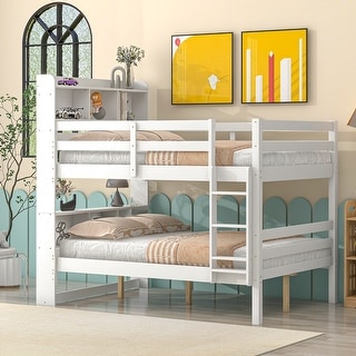White Full Solid Wood Detachable Bunk Beds with Bookcase, Safety Rail ...