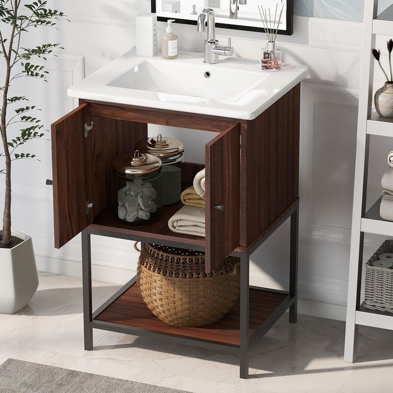 24 inch Walnut Finish Bathroom Vanity with Sink Set Bathroom Small Cabinet with 2 Soft Close Doors Bed Bath Beyond 40040346