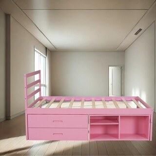 Full Size Pink Wood Platform Bed with Removable Storage Shelves and ...