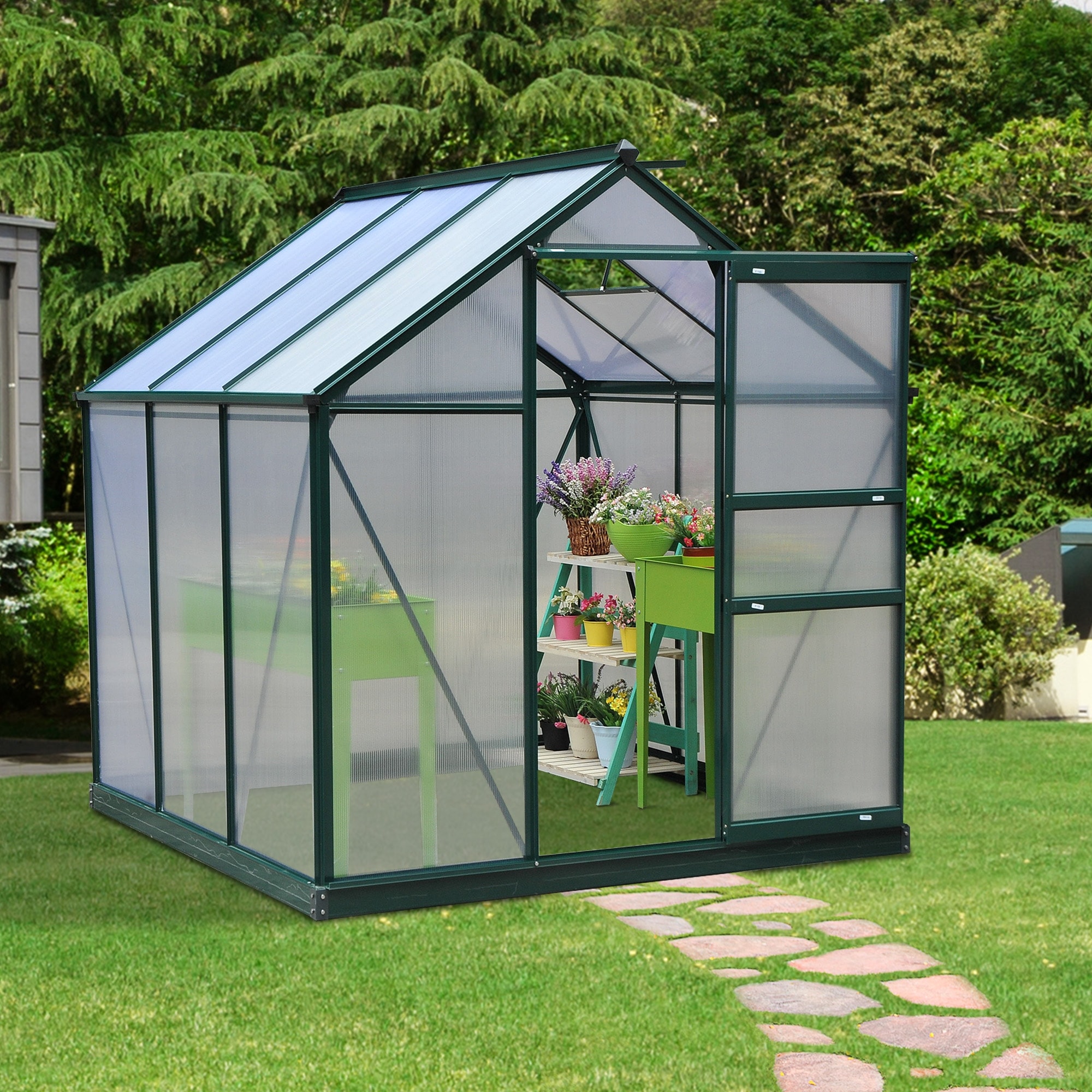 Outsunny 8' x 4' Lean-to Polycarbonate Greenhouse, Walk-in Hobby Green ...