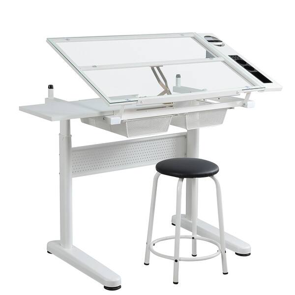 Hand Crank Adjustable Drafting Table with 2 Metal Drawers and Stool ...