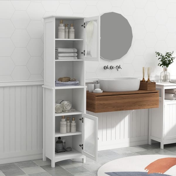 Modern Tall Cabinet Bathroom Linen Tower Cabinet with 2 Glass Doors ...