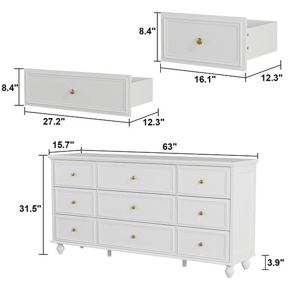Timechee 9 Drawer 63'' W Dresser White Chest Srorage Cabinet Lacquer ...