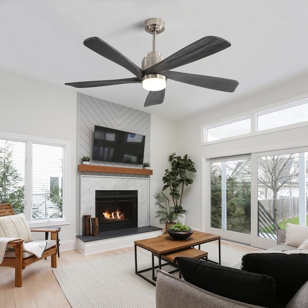 52 Inch Modern Ceiling Fan With Dimmable LED Light 5 Solid Wood Blades ...