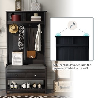 Hall Tree w/ Hooks and Hinged Lid, 3-in-1 Entryway Upholstered Bench ...