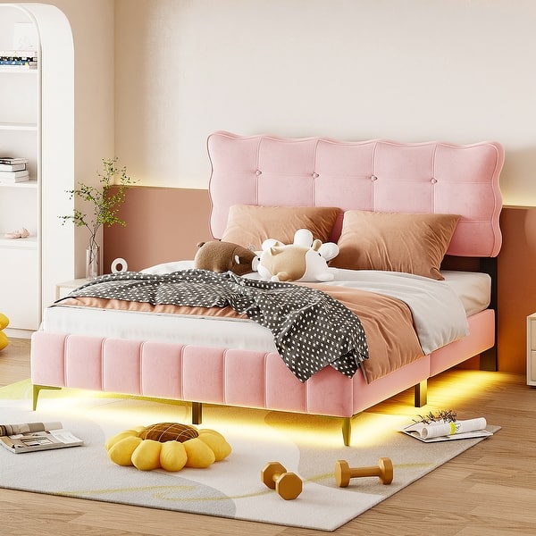 Queen Size Velvet Platform Bed with LED Frame and Stylish Mental Bed ...