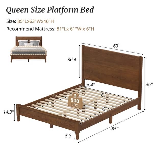 Solid Wood Panel Platform Bed with Headboard, Double Size Beds Wooden ...