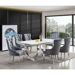 7-Piece Rectangle Dining Set with Button Tufted Upholstered Chairs, Gray - Bed Bath & Beyond ...