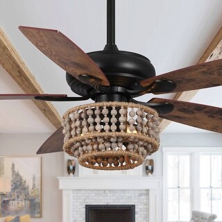 52" Farmhouse Driftwood Jute Wooden Beads Ceiling Fan with Remote - Bed ...