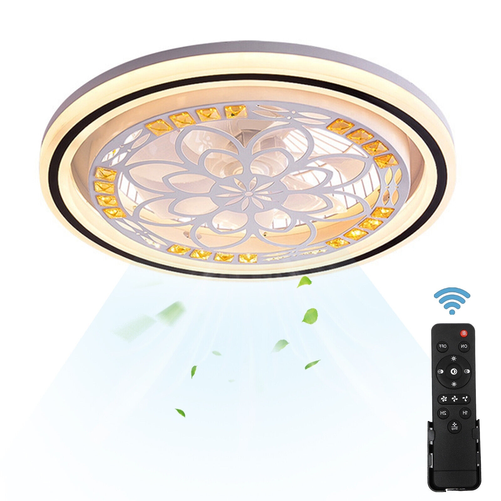 23" White Enclosed Bladeless Flush Mount Low profile Ceiling Fan - On ...