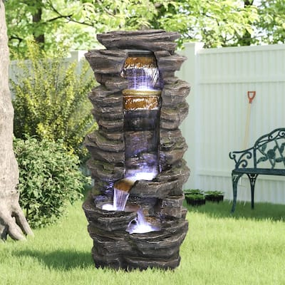 40-inch Outdoor Floor Water Fountain with Lights Rockery Waterfall ...