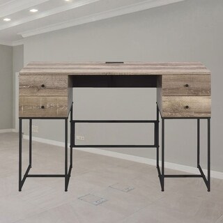 Rustic Oak Writing Desk with USB Charging Port, Four Spacious Drawers ...