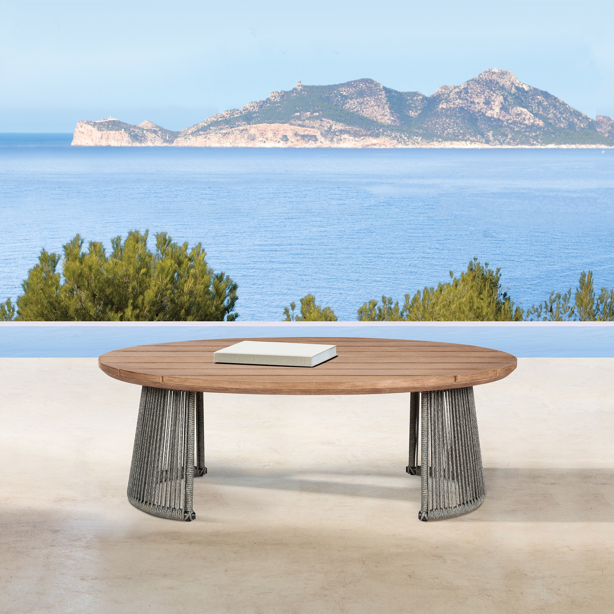 Armen Living Benicia Outdoor Patio Oval Coffee Table in Weathered Eucalyptus Wood and Gray Rope
