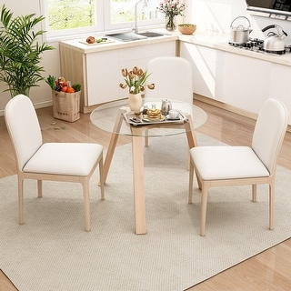 36 Inches Round Glass Dining Table for 4 with Rubber Wood Frame-Natural ...