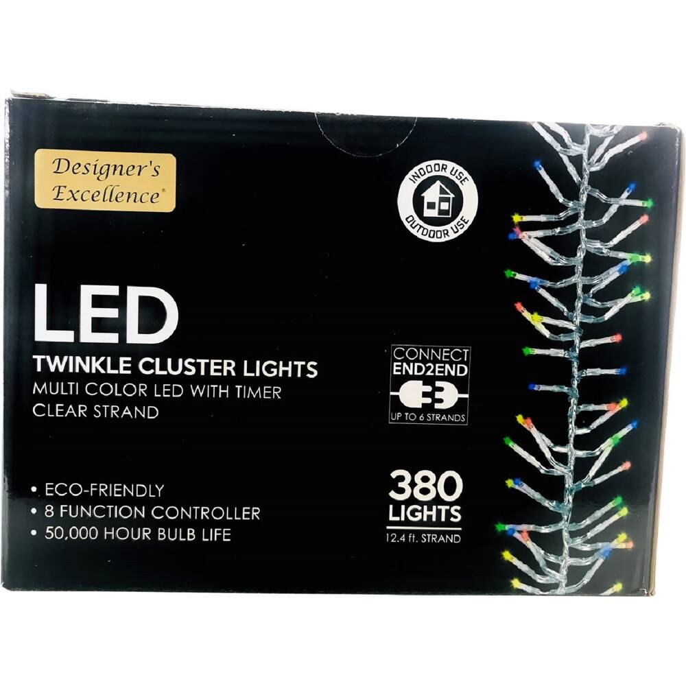 LED Twinkle Cluster Lights 12.4Ft Multi w/ Clear Strand Connect End to ...