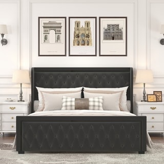 Black Wingback Platform Bed w/ Colorful LED Light Headboard - Queen ...
