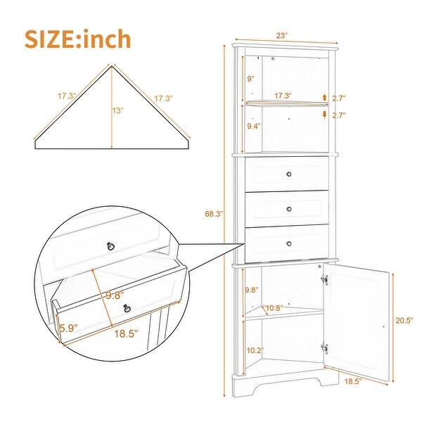 White Triangle Tall Cabinet with 3 Drawers and Adjustable Shelves - Bed ...