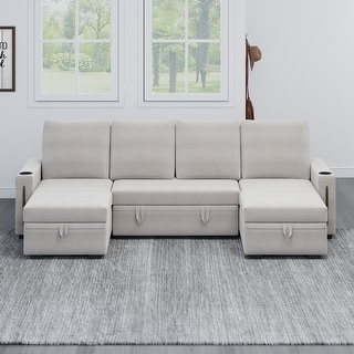 Beige U-Shaped 96-Inch Sectional Sofa Bed with Storage for Living Room - Bed Bath & Beyond ...