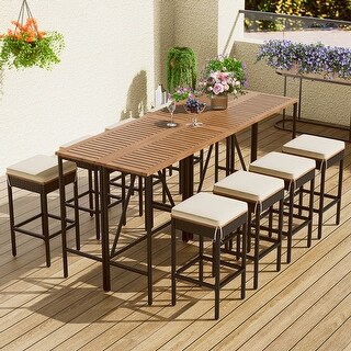Merax 10-Piece Outdoor Acacia Wood Bar Height Table And Eight Stools ...