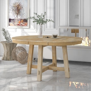 Farmhouse Round Extendable Dining Table with 16" Leaf Wood Kitchen ...