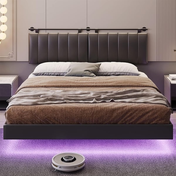 Floating Bed Frame with LED Lights and Wall Mounted Headboard - Bed ...