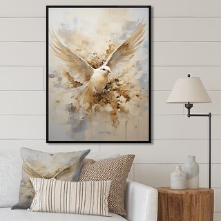 Designart "Minimalism Beige And Gold Dove I" Dove Framed Canvas Wall ...