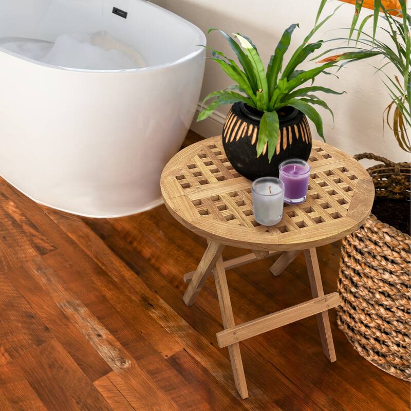 Teak Wood Havana Round Folding Bathroom Table - Overstock - 36803058