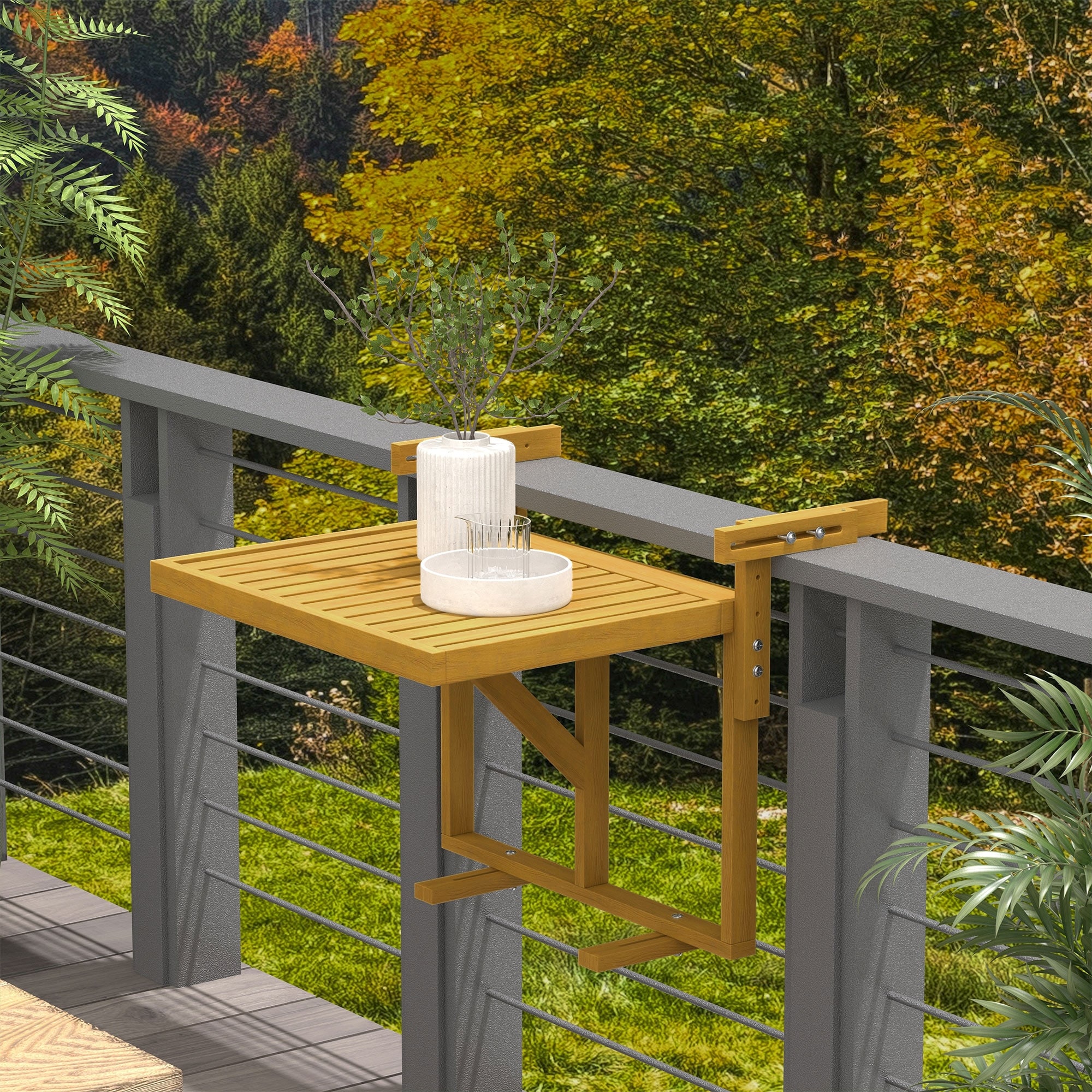 Outsunny Outdoor Hanging Deck Table Adjustable Balcony Bar Table for Railings Wood Frame Mounting Wall Desk Rack Foldable On Sale Bed Bath Beyond 40171667