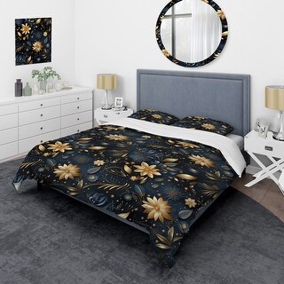 Designart "Midnight Blue And Golden Floral Marble Pattern" Blue Glam ...