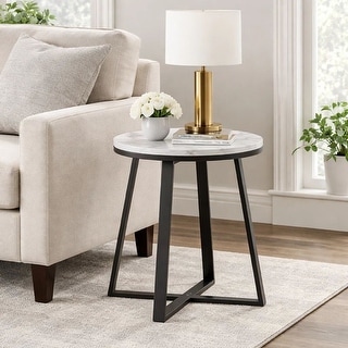24 Inch End Table, White Faux Marble Round Top, Artisanal Metal ...