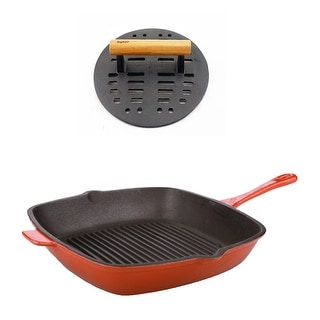 Neo 2pc Cast Iron Set 11" Grill Pan & with Slotted Steak Press Orange ...