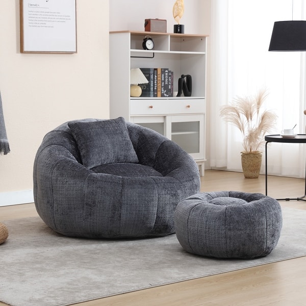 HOMEFUN Chenille Upholstered Round Lazy Cozy Bean Bag Chair with ...