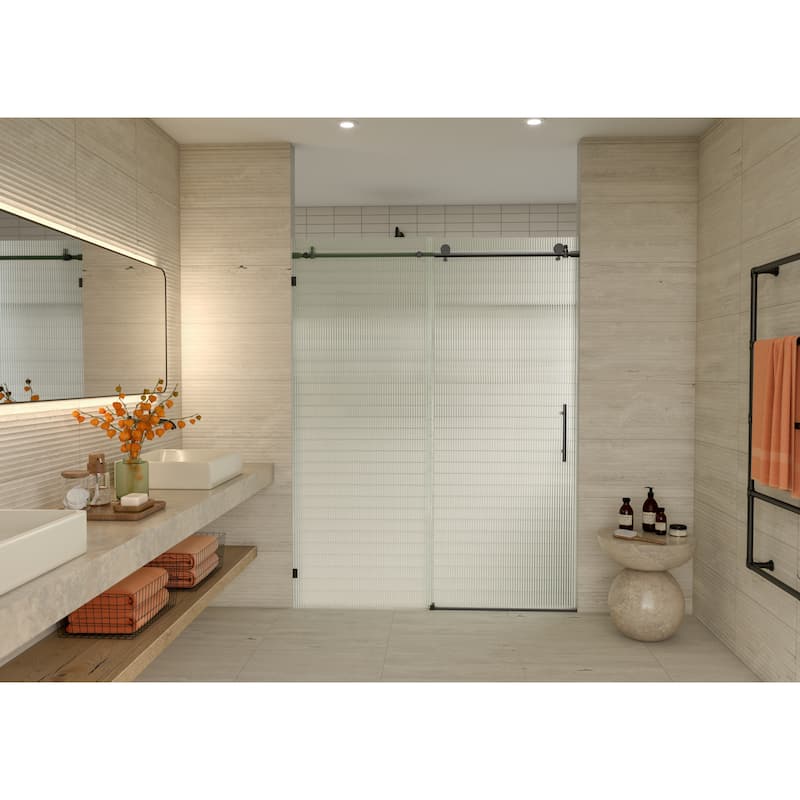 Galaxy 60 in. x 78 in. Fully Frameless Fluted Glass Sliding Shower Doors - Righthand - Bed Bath ...