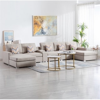 Beige Linen Fabric 6Pc Double Chaise Sectional Sofa - Bed Bath & Beyond ...