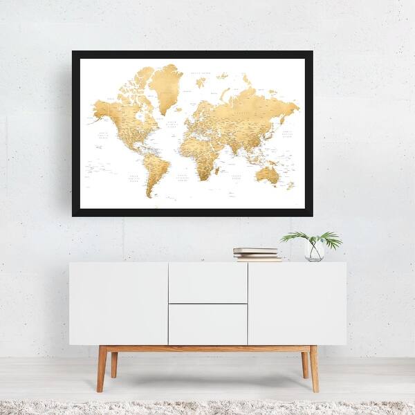 Gold detailed world map with cities Maps US State Art Print/Poster ...