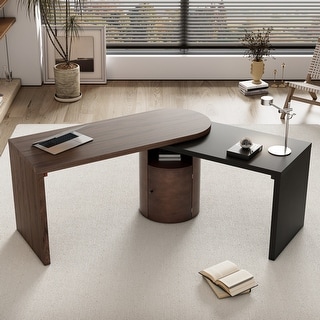 88.9" Modern Walnut 360° Rotating L Shaped Desk with 1 Cabinet and Open ...