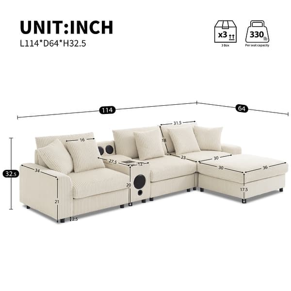 Corduroy Sectional Sofa with Bluetooth Speakers,L Shaped Couch with ...