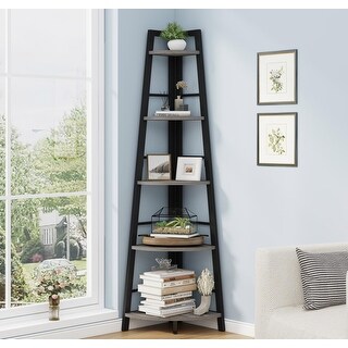 Rustic Tall Corner Bookshelf, 5 Tier Wood and Black Metal Corner Ladder ...