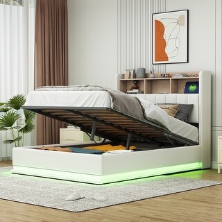 Fishbone Bed Frame wLight, Shelf, Sockets, Charger -White Storage Bed ...