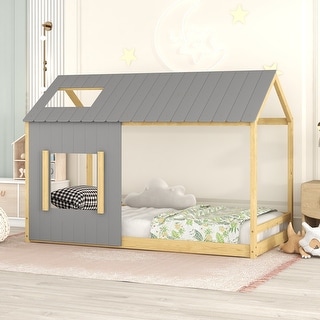 House Bed for Kid, Montessori Bed with Roof & Window, Wooden Floor ...