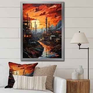 Designart "Orange Oil Rigs Oil Odyssey" Oil Rigs / Fields Framed Wall ...