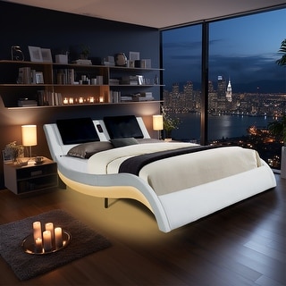 Faux Leather Upholstered Platform Bed Frame with led lighting ...