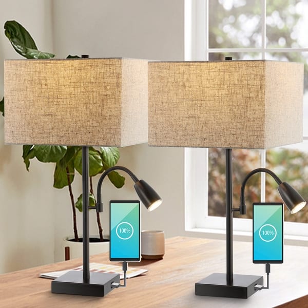 Sabrina 25.5" 2-Light Farmhouse Industrial Iron LED Table Lamp with USB ...