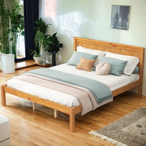 Wooden Queen Size Platform Bed with Rectangular Headboard and Slat ...