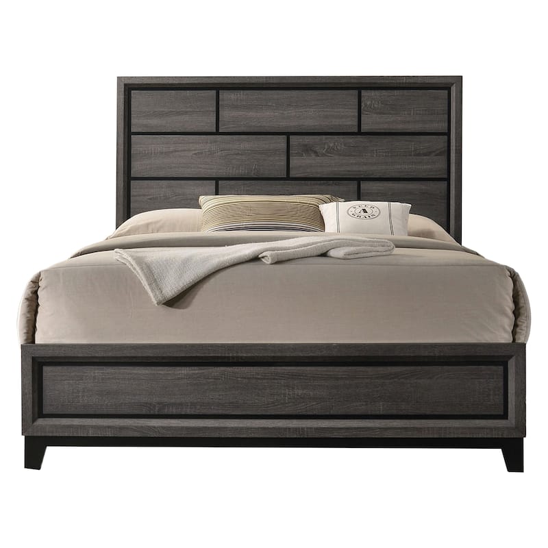 Erica Queen Size Bed, Gray, Black Wood Finish, Panel Style Headboard ...